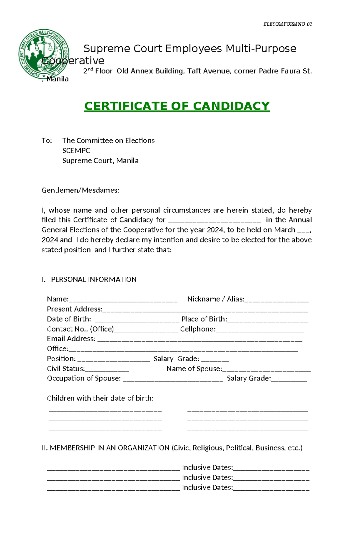 Coop certificate of candidacy 2024 - Supreme Court Employees Multi ...