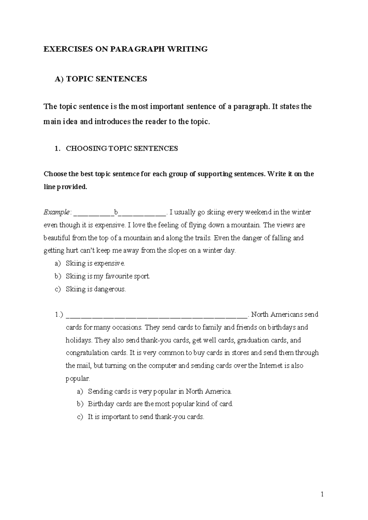 Exercises on Paragraph Writing: Topic Sentences and Supporting Details ...