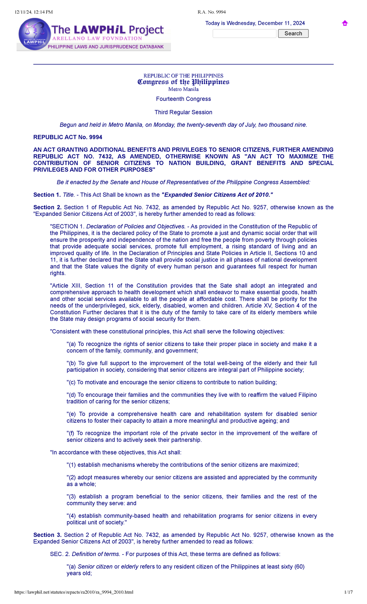 RA 9994 - legal and ethics - Today is Wednesday, December 11, 2024 ...