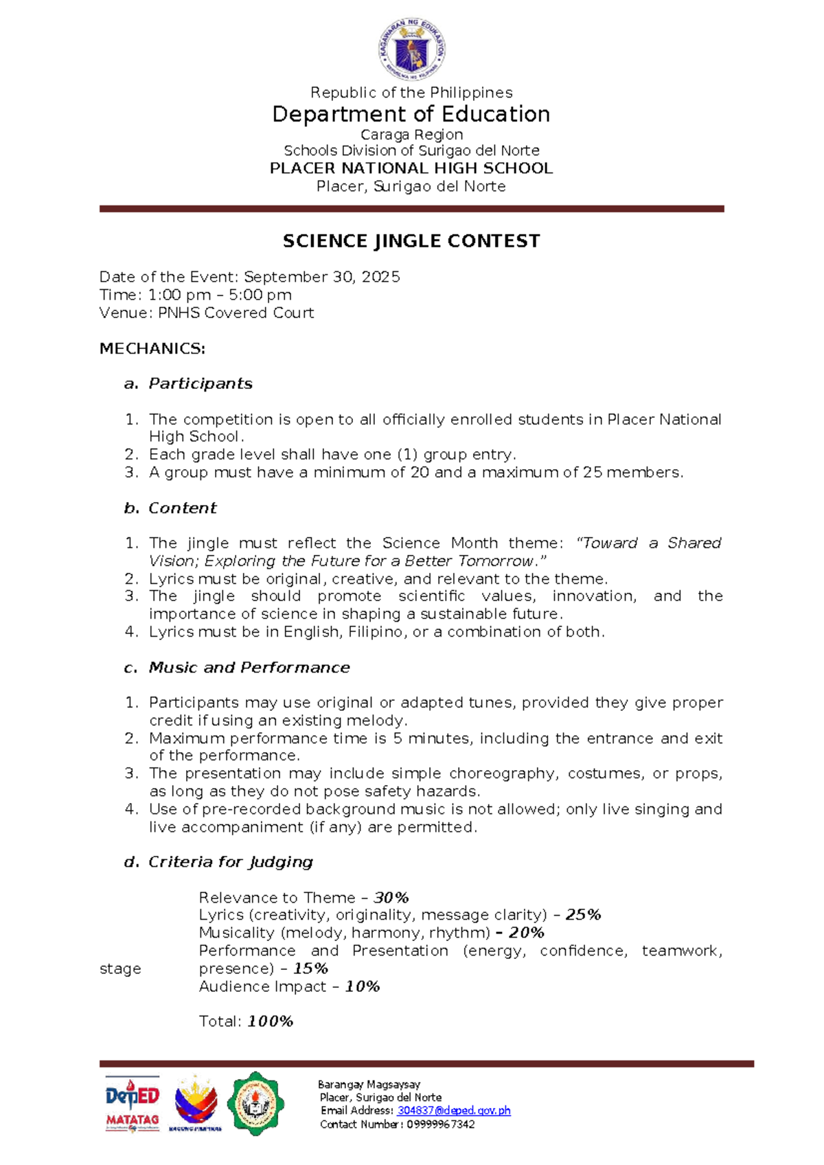 Science Jingle Contest Mechanics - PNHS Guidelines - Studocu