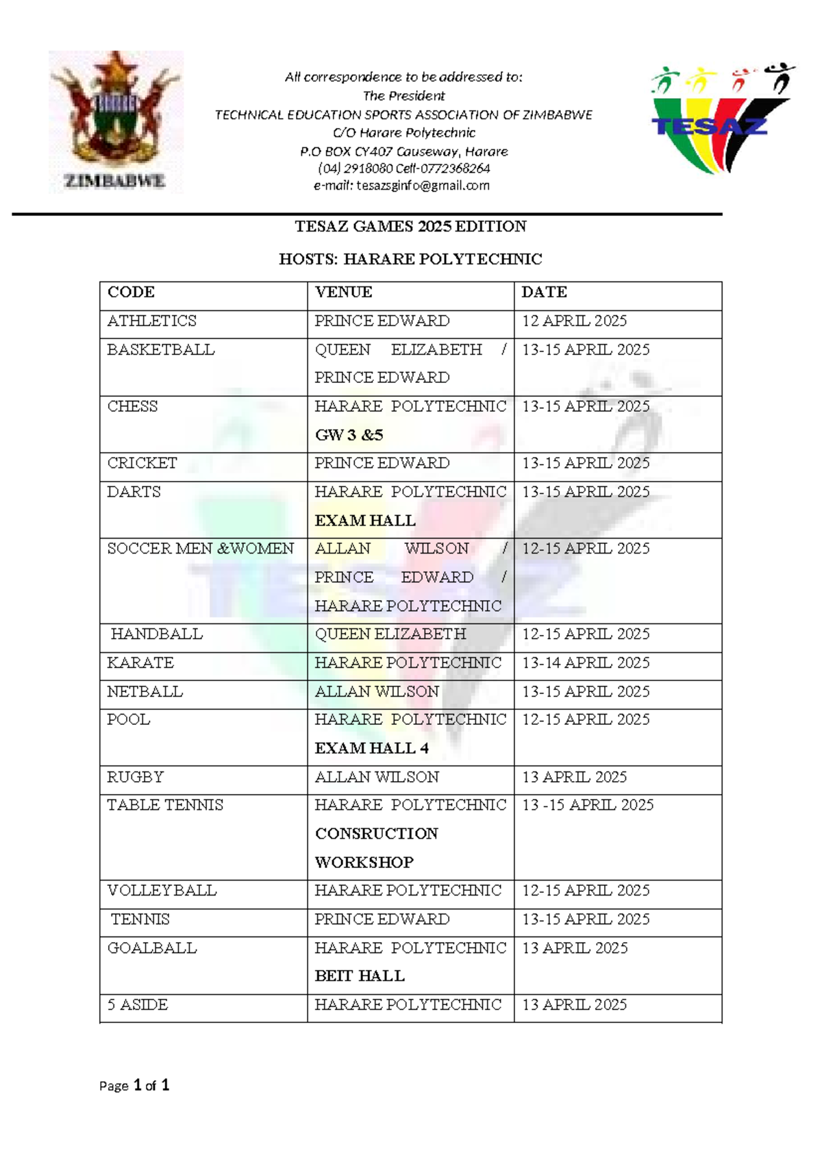 TESAZ GAMES 2025 VENUES & SCHEDULE - HARARE POLYTECHNIC - Studocu