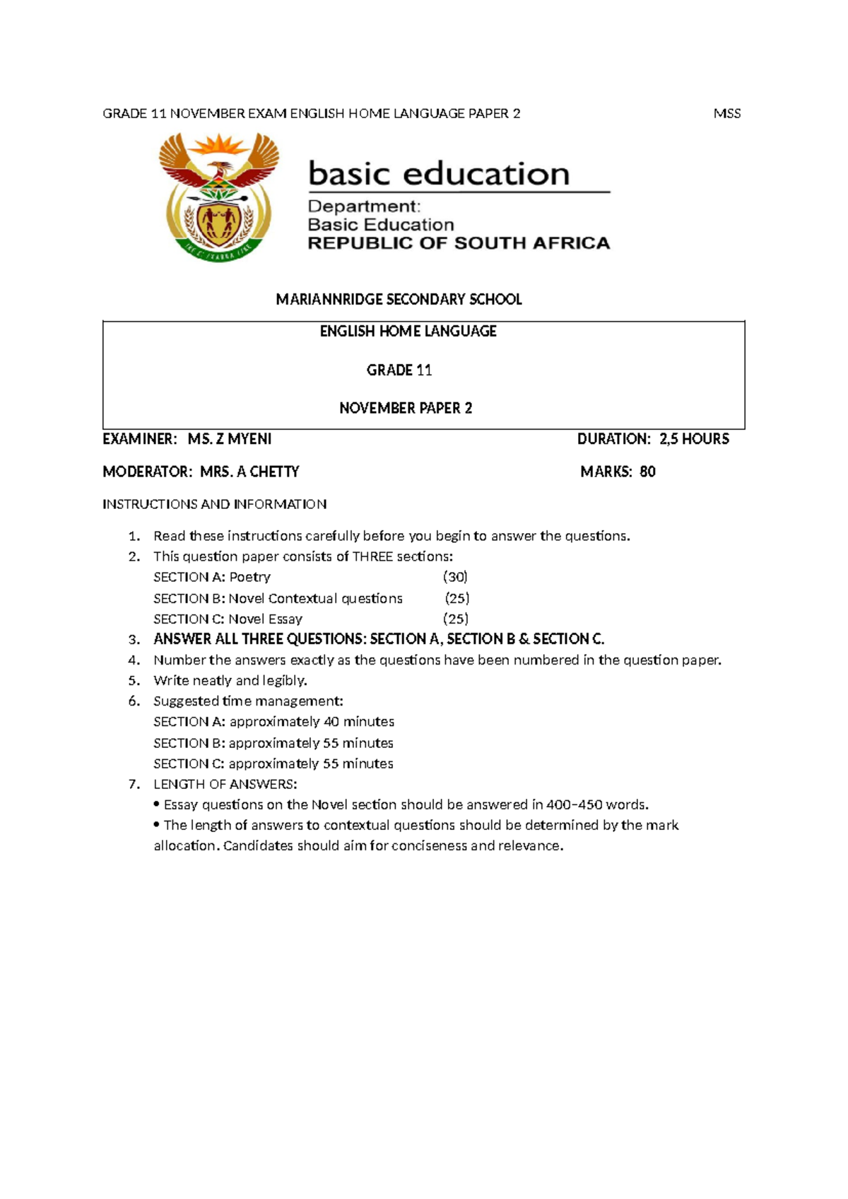 Grade 11 English Home Language November Exam Paper 2 (MSS) - Studocu