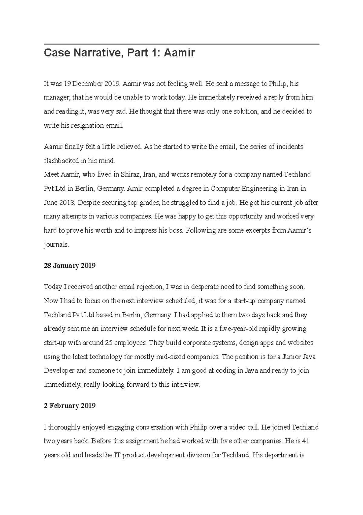 Case Narrative - lecture notes - Case Narrative, Part 1: Aamir It was ...