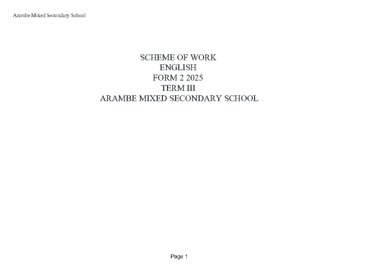 Arambe Mixed Secondary School English Form 2 Term 3 Scheme of Work - Studocu