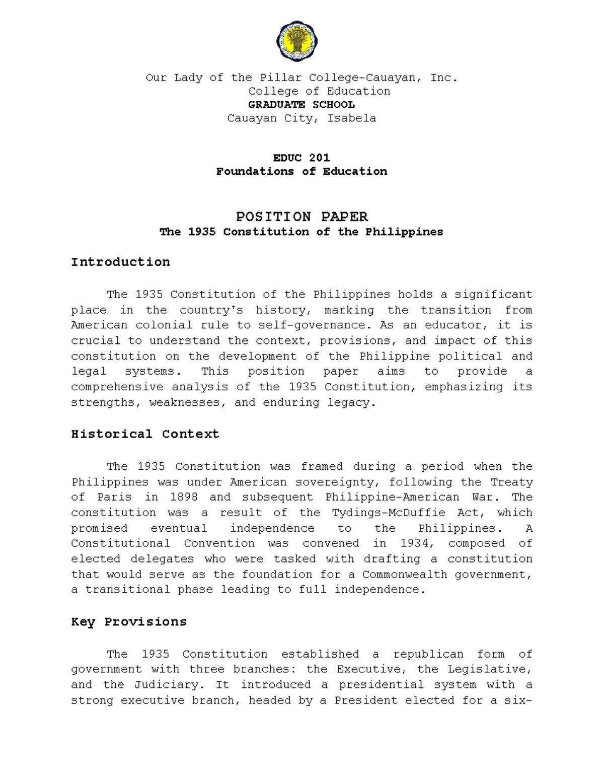 EDUC 201: Position Paper on the 1935 Constitution of the Philippines ...