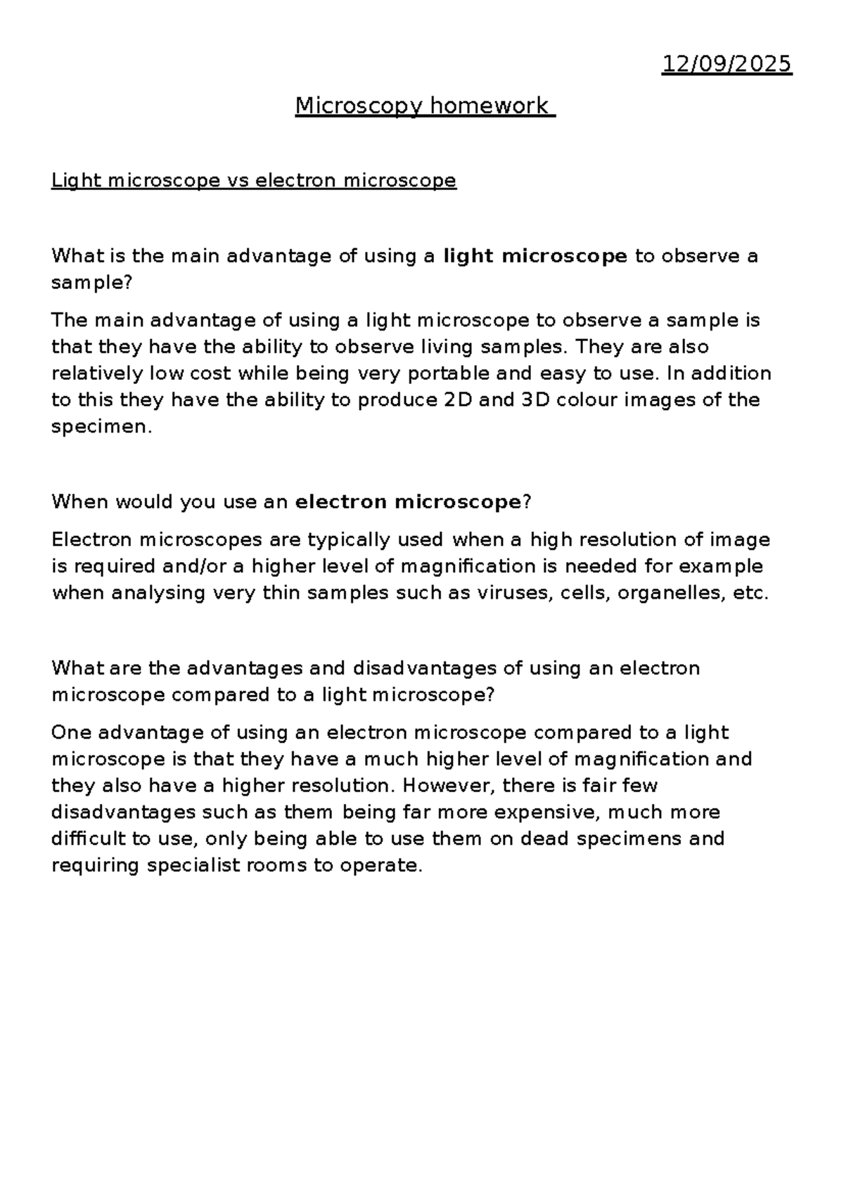 Microscopy Homework: Light vs Electron Microscope Advantages - Studocu