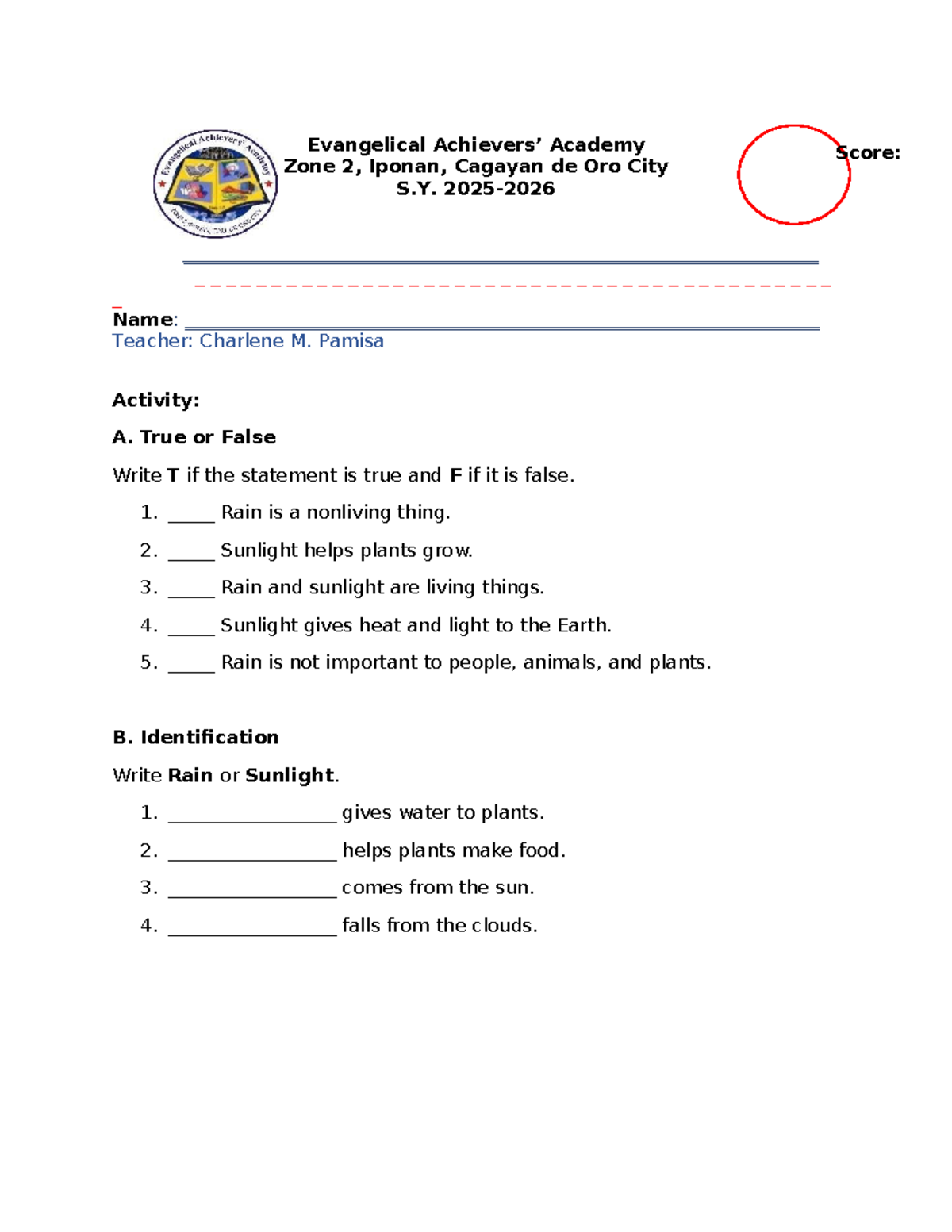 Activity: True or False & Identification on Rain and Sunlight - Studocu