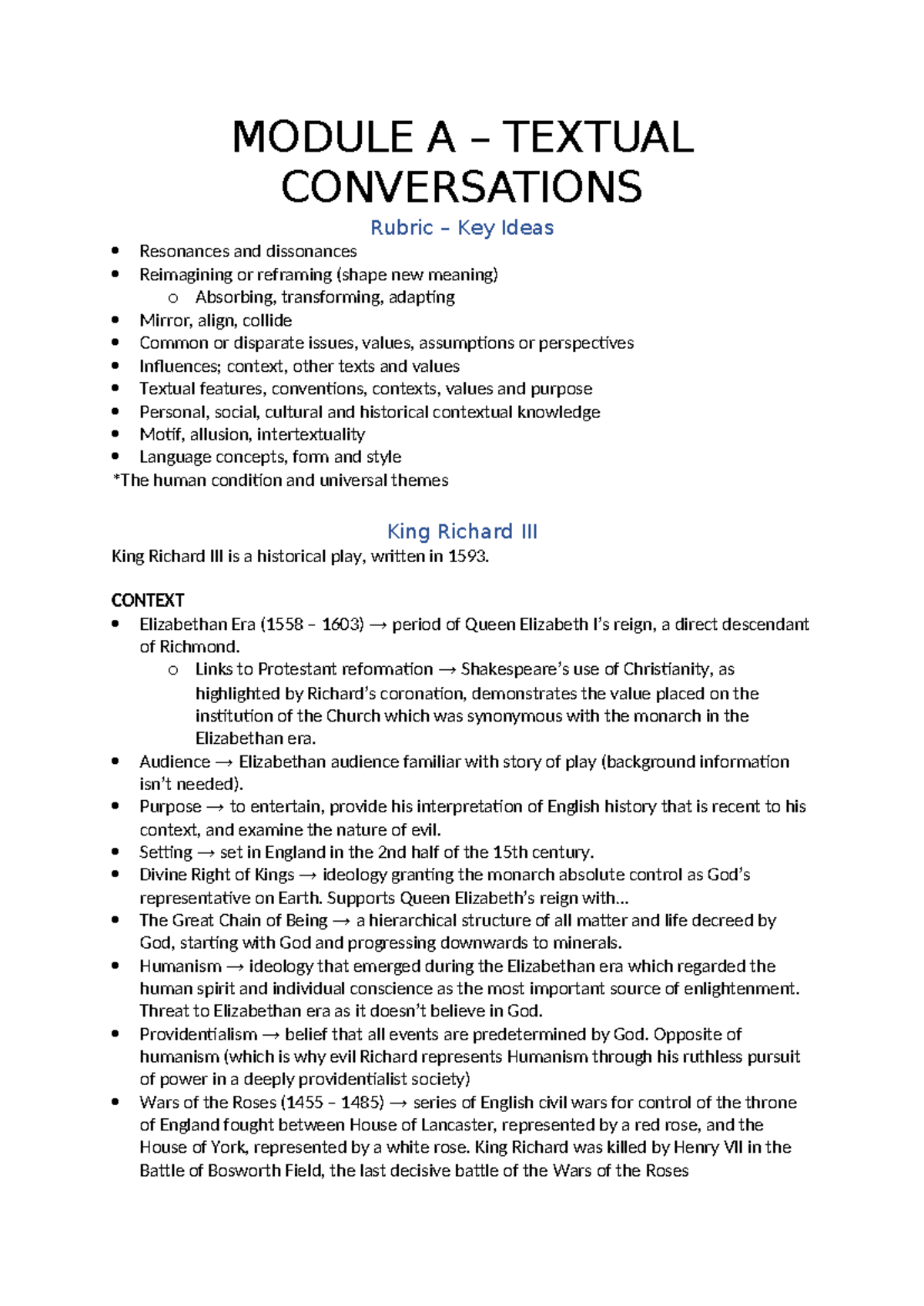 Analysis of King Richard III in Module A: Textual Conversations - Studocu