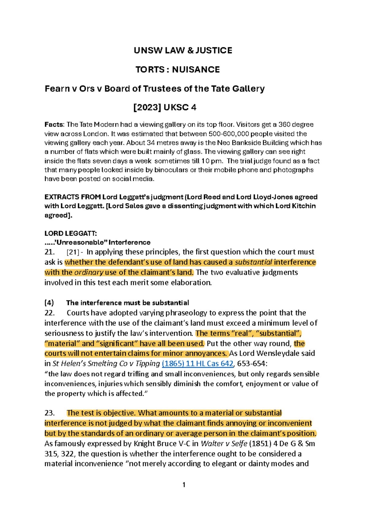 UNSW LAW JUSTICE TORTS: NUISANCE - Fearn v Tate Gallery Case Analysis ...