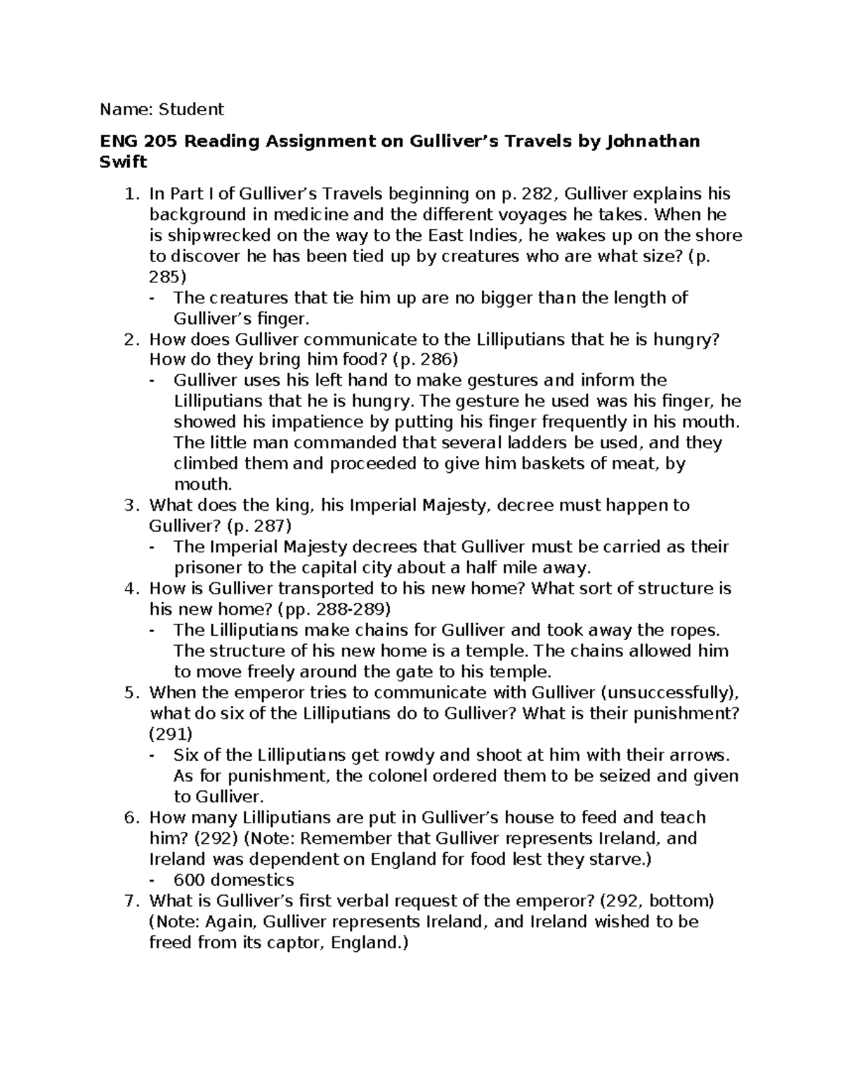 ENG 205 Gulliver's Travels Reading Assignment Analysis - Studocu