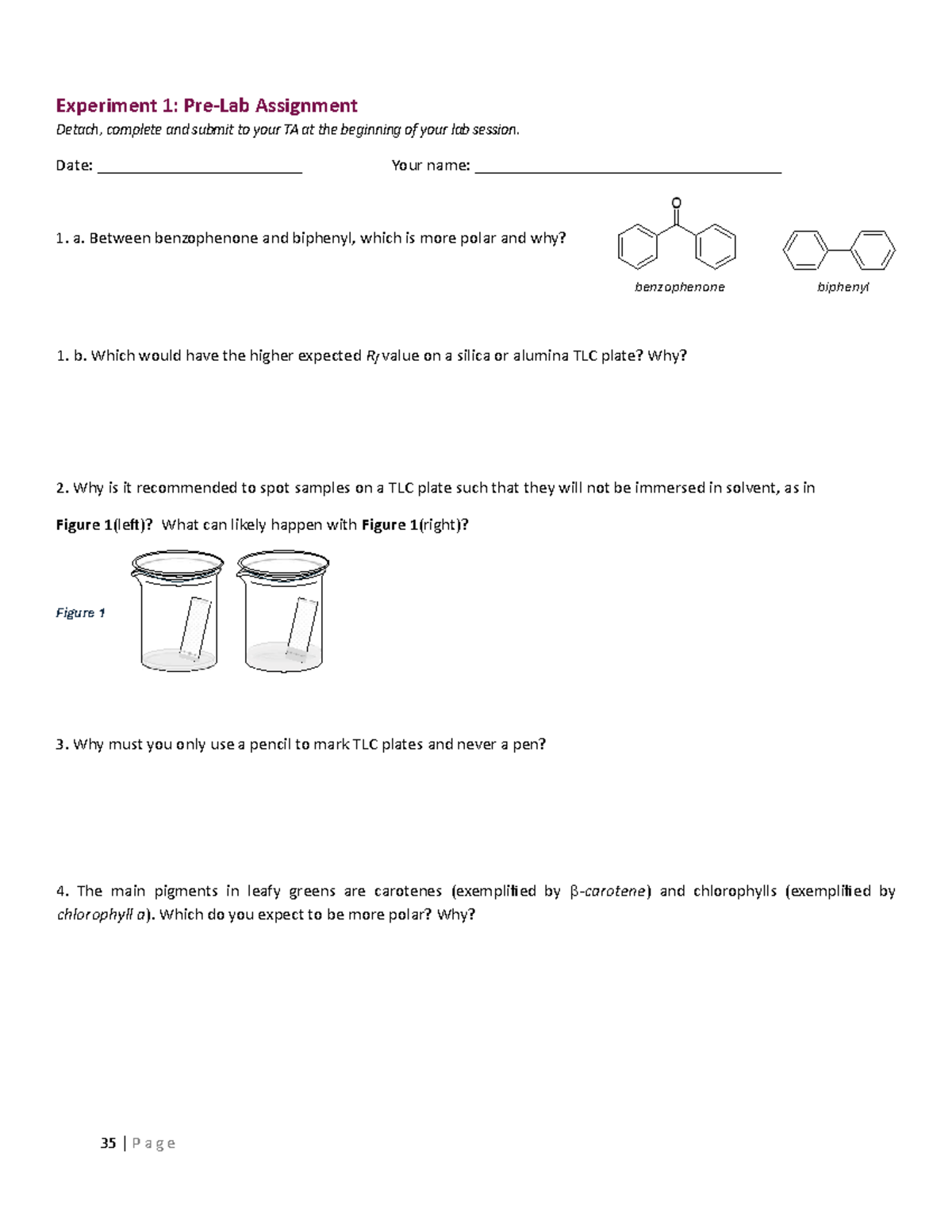 Expt 1: Pre-Lab Assignment on TLC and Pigment Polarity - Studocu
