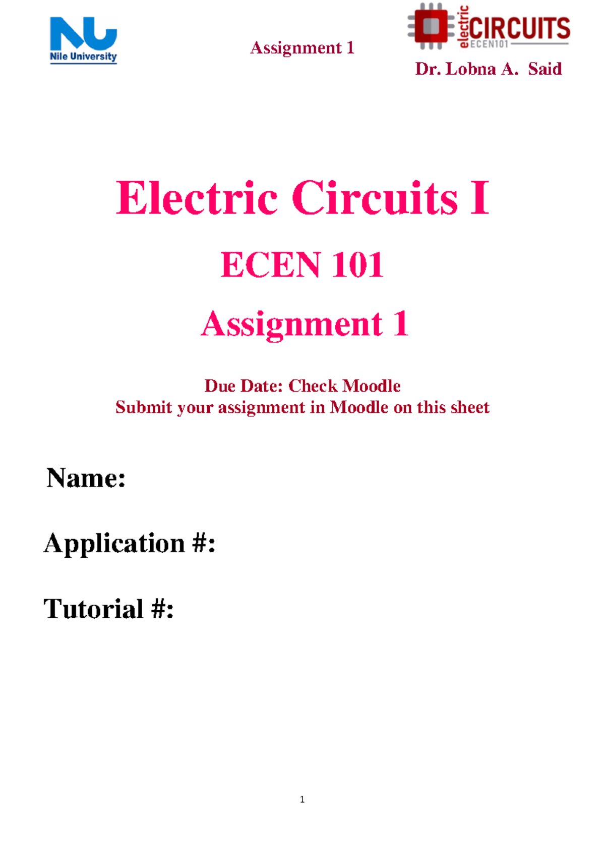 Assignment 1 Electric Circuit Dr Lobna A Said Electric Circuits I