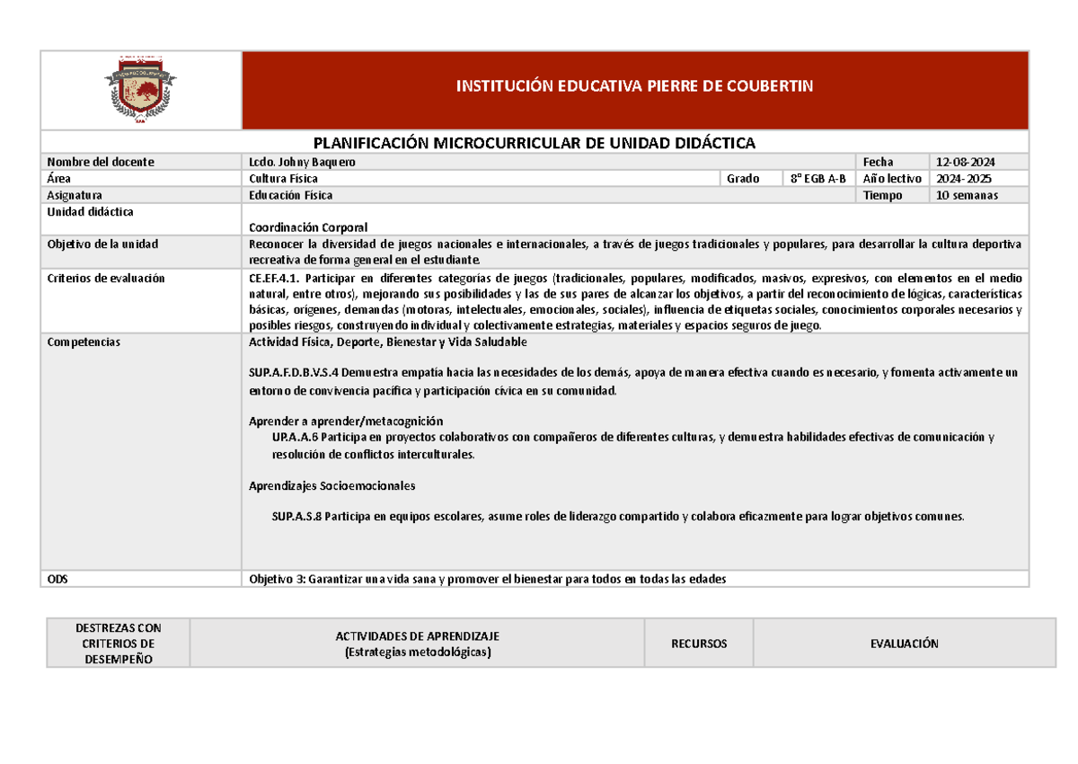 Planificación Microcurricular de Unidad Didáctica EGB - Educación Física - Studocu