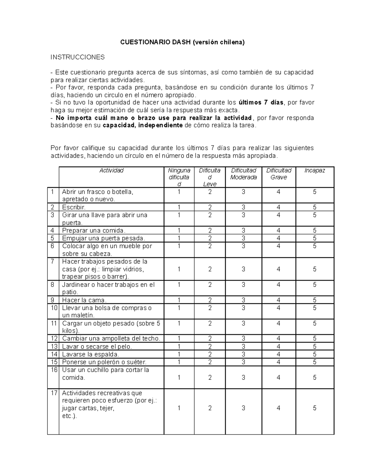 Evaluaci Ã³n DASH - CUESTIONARIO DASH (versión chilena) INSTRUCCIONES ...