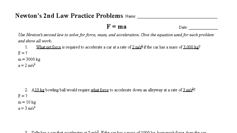 Honors Physics 2nd Law Practice Problems Worksheet - Studocu