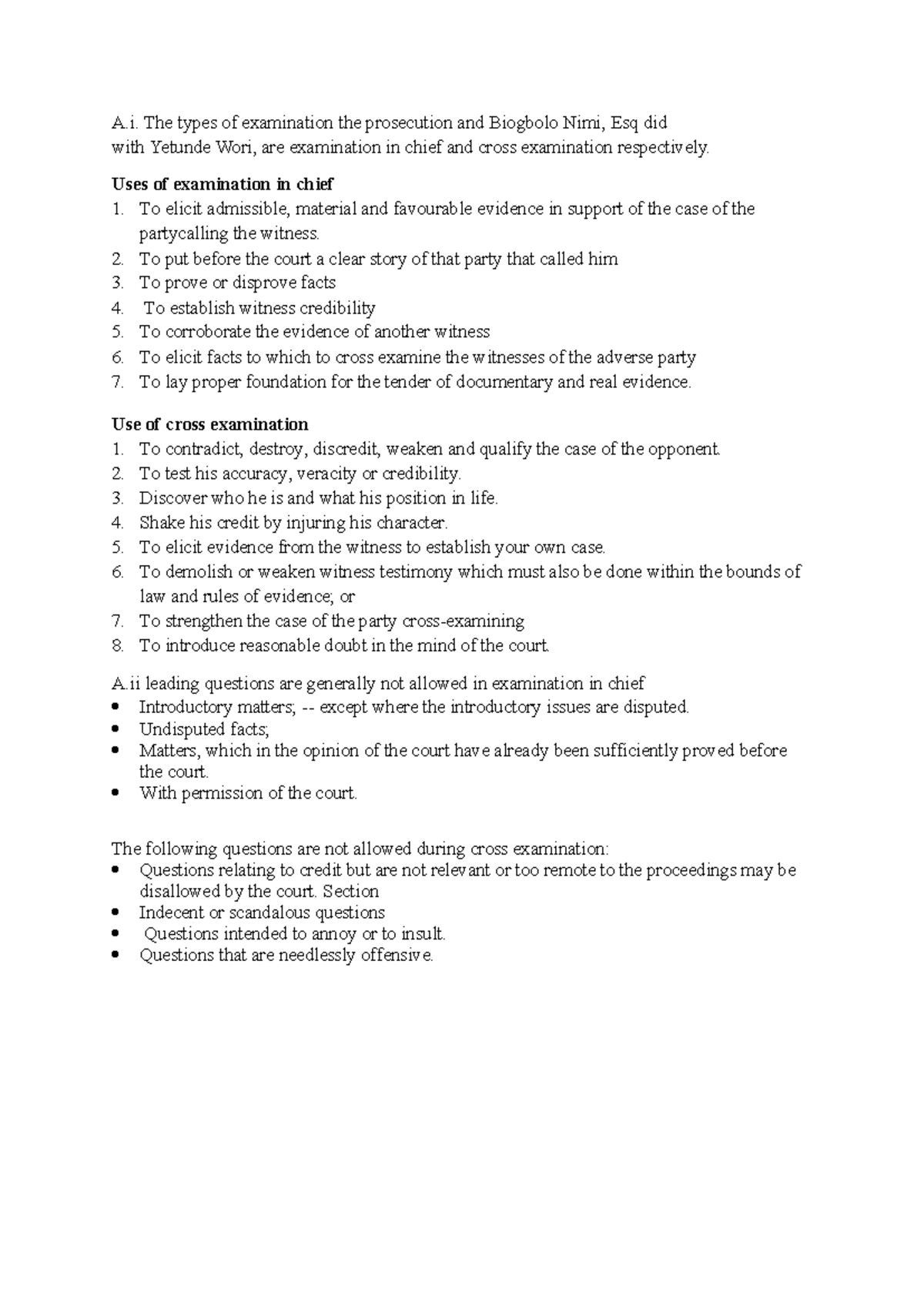 Criminal Sub 3 - Examination Techniques: Chief & Cross Exam Insights ...