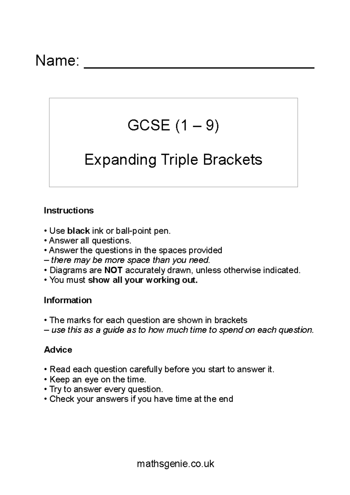 GCSE (1 9) Expanding Triple Brackets Practice Questions - Studocu