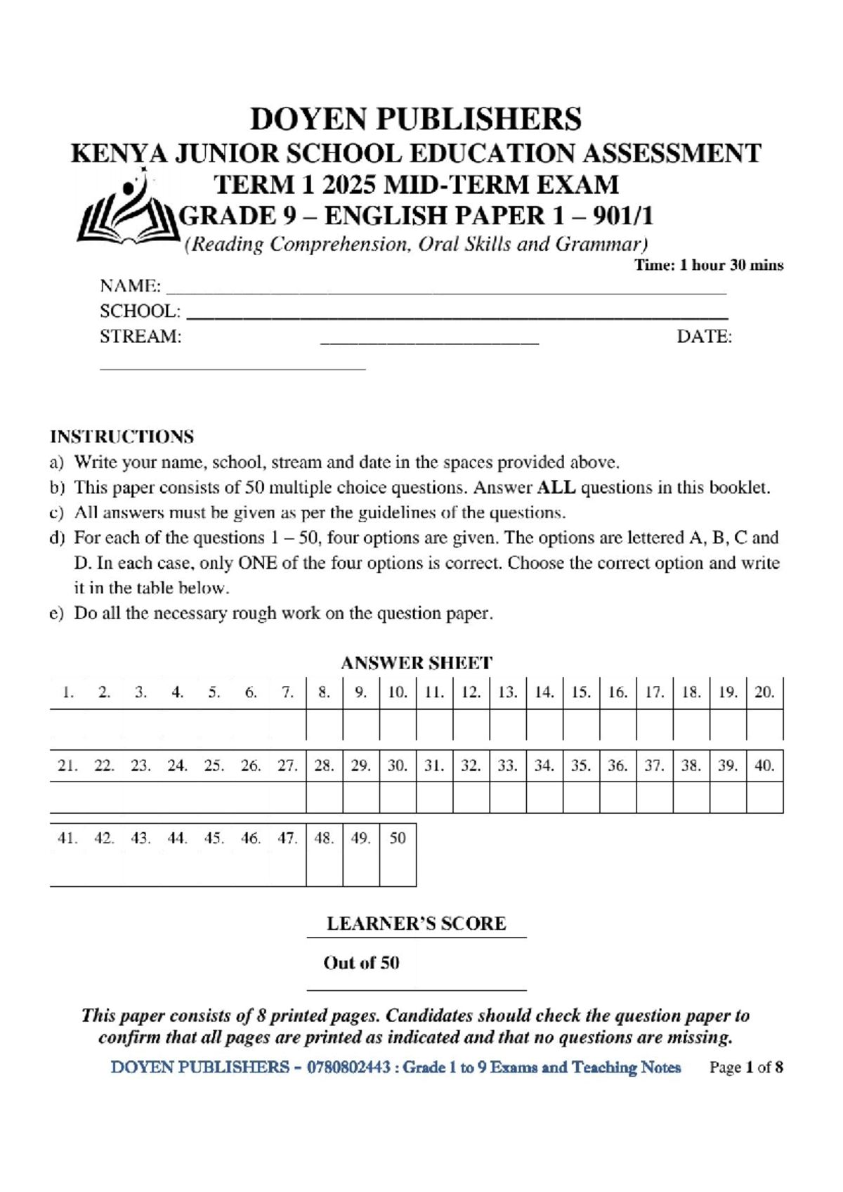 Grade 9 ENG PP1 TERM 1 2025 MID-TERM EXAM PAPER 1: READING AND GRAMMAR ...