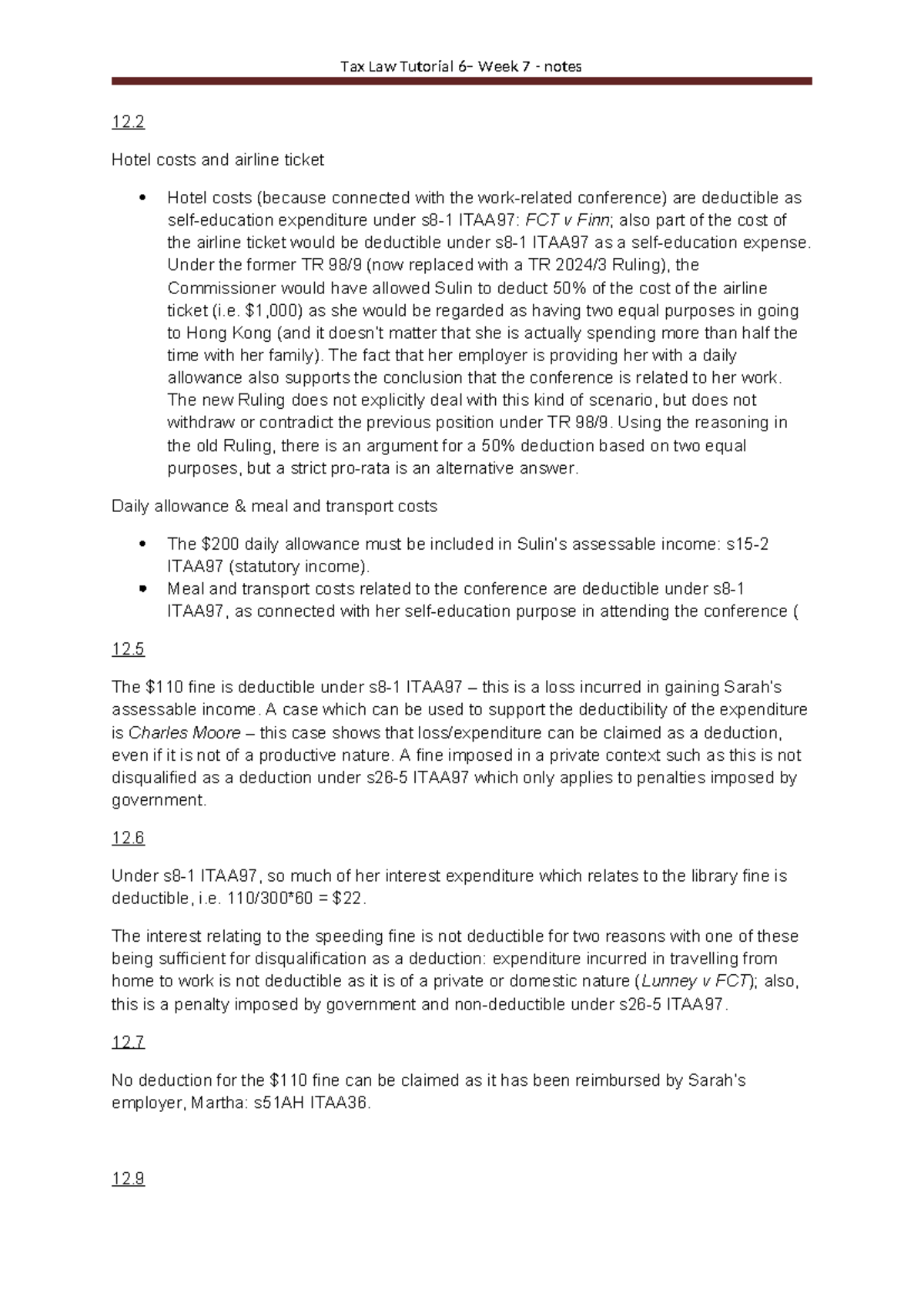 Tax Law Tutorial 6 - Week 7 Notes on Deductions (ITAA97) - Studocu
