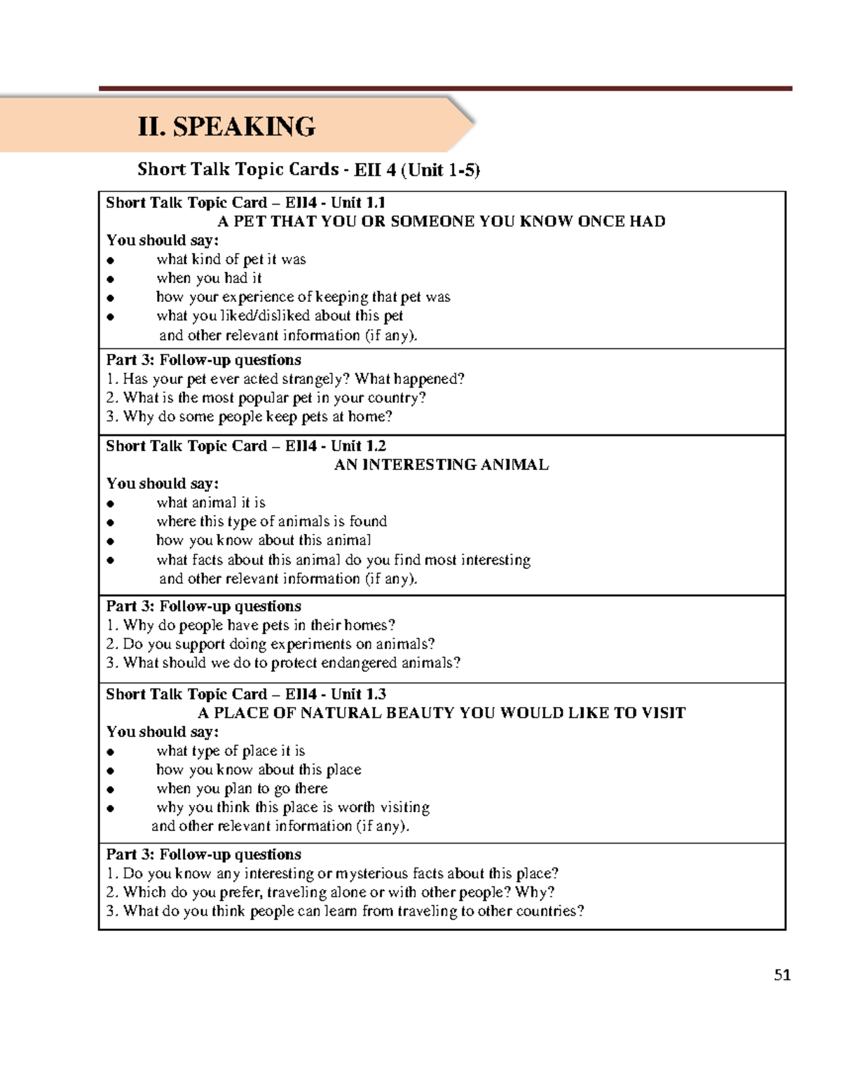 EII4 Speaking Topics: Short Talk Cards for Practice - Studocu