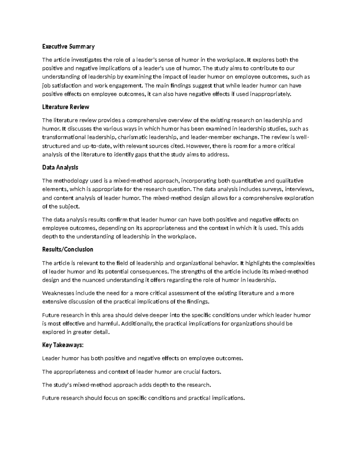 Leadership Humor: Impacts on Employee Outcomes - Executive Summary ...