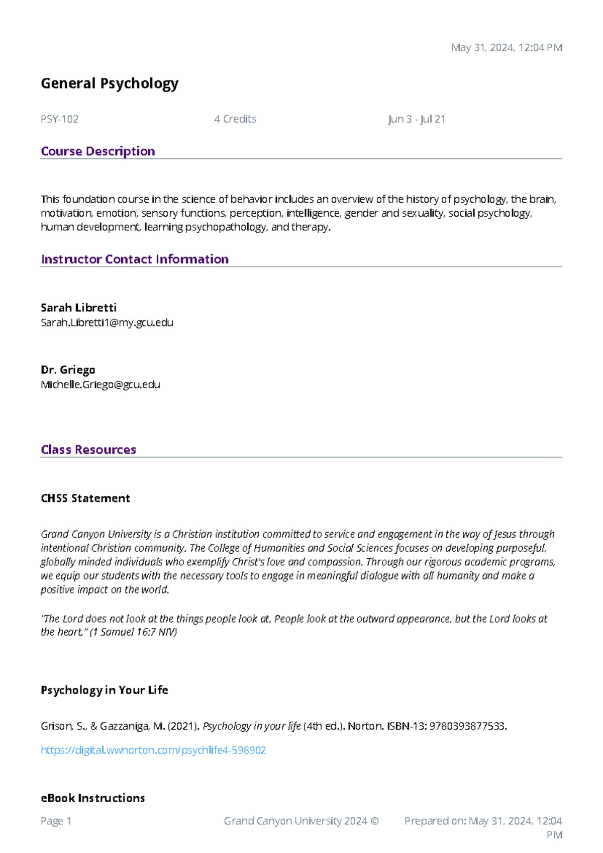 PSY-102 General Psychology Syllabus and Course Overview Summer 2024 ...
