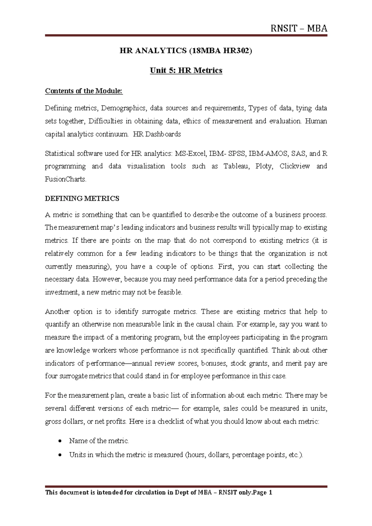 HRA UNIT 2 - HR ANALYTICS (18MBA HR302) Unit 2: HRA FRAMEWORKS Contents of the Module: Current ...