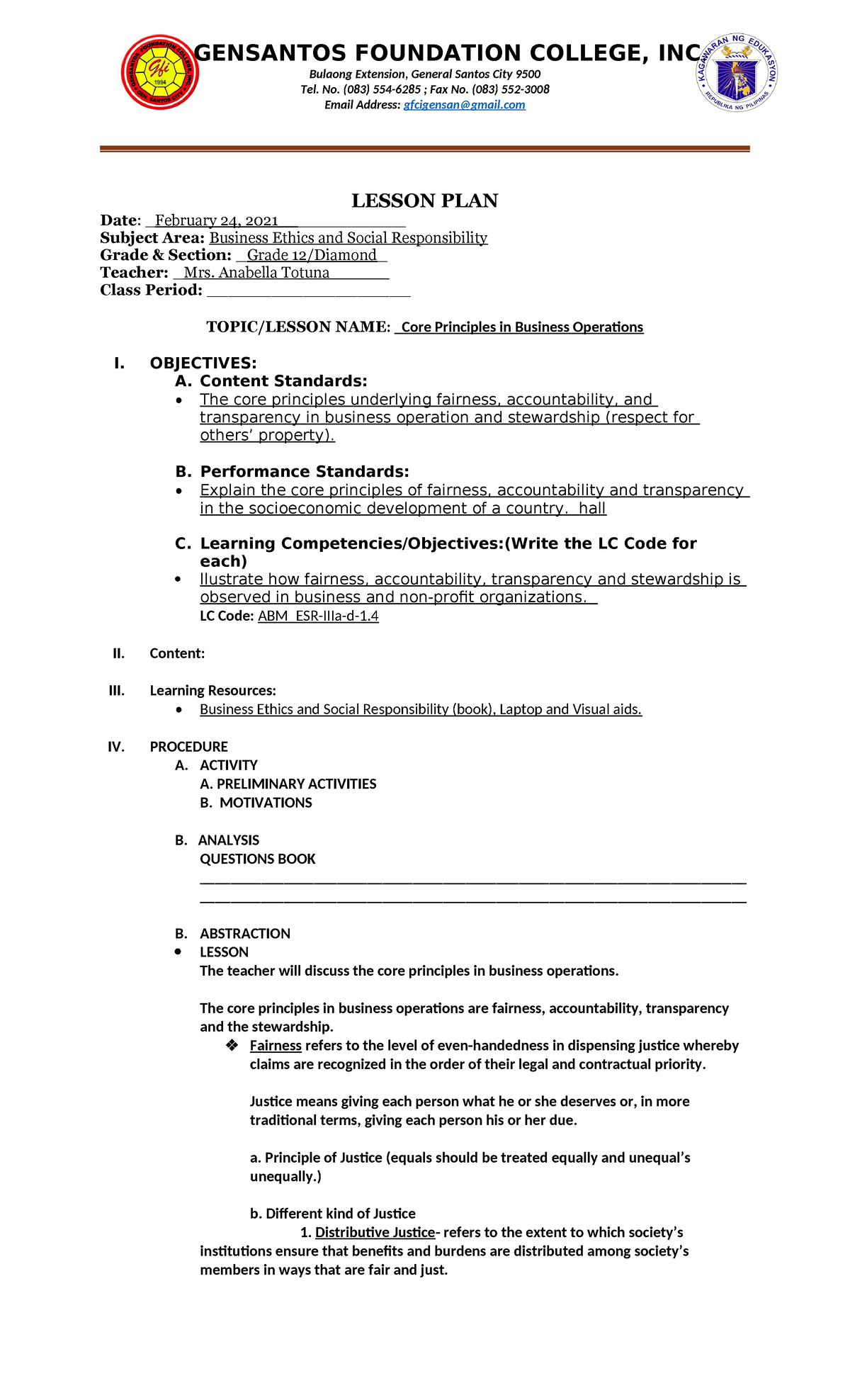 Grade 12 Business Ethics Lesson Plan - Core Principles Overview - Studocu