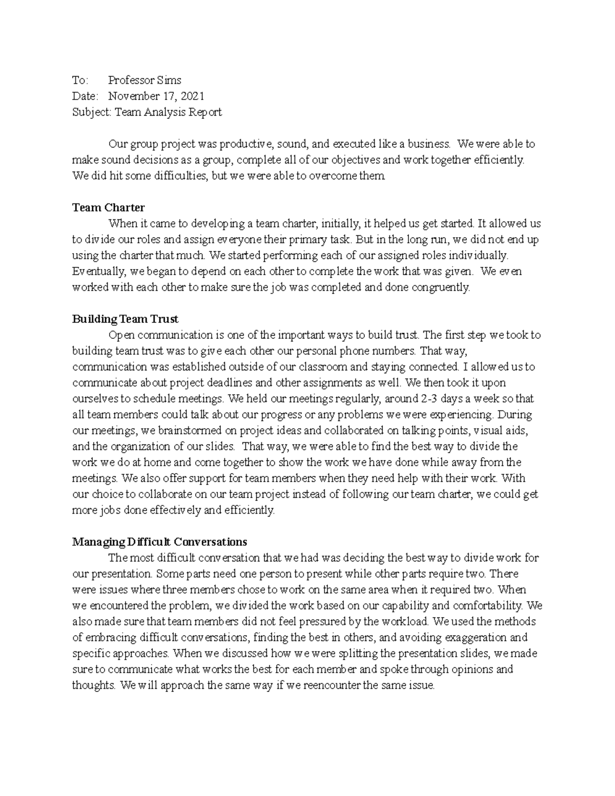 Team Analysis Revised - Professor Sims, Ashia R - To: Professor Sims ...