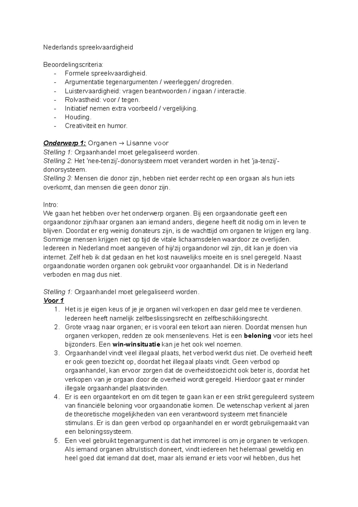 Nederlands Spreekvaardigheid: Orgaandonatie & Alcohol - Argumentatie en ...