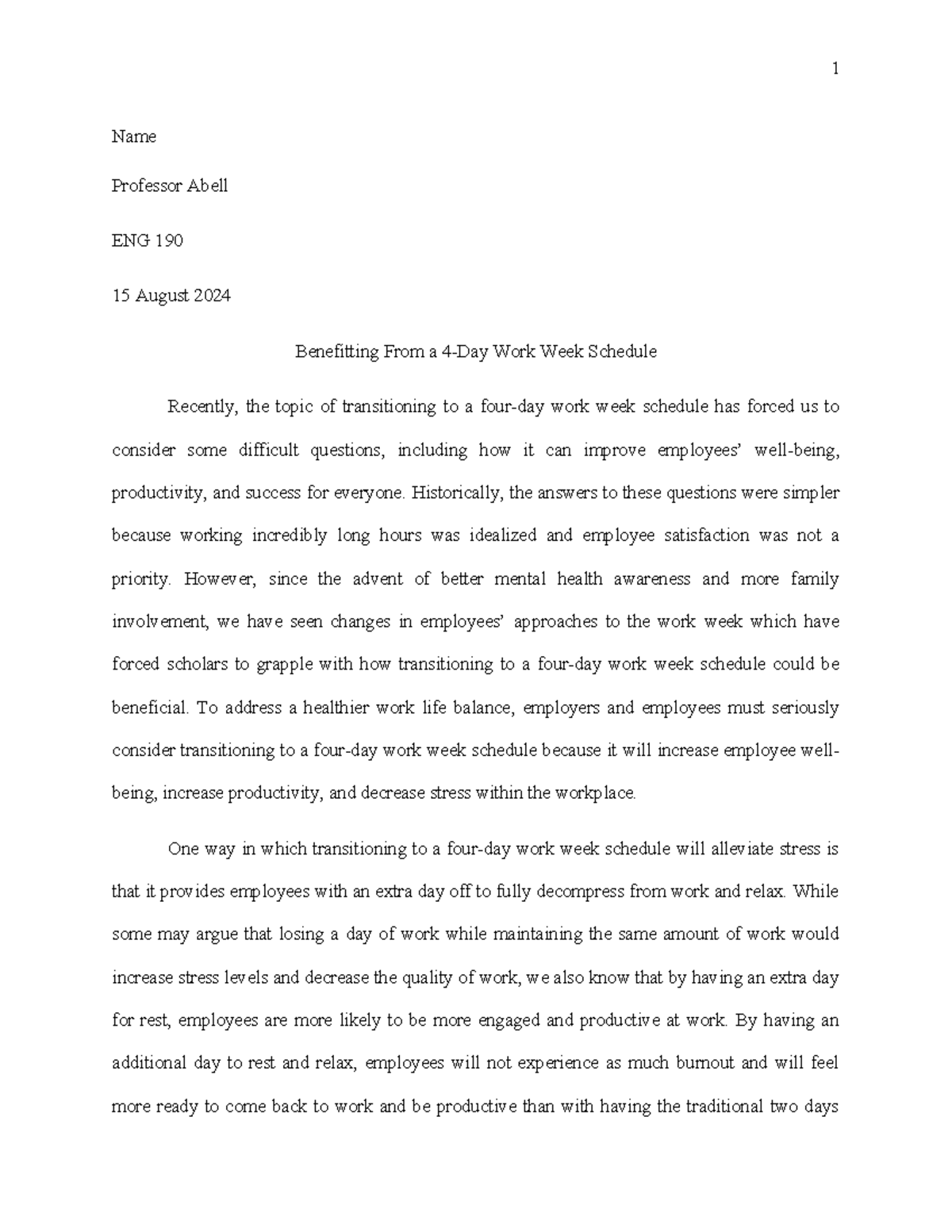 ENG 190 Module 7 - Final Project: Benefits of a 4-Day Work Week - Studocu