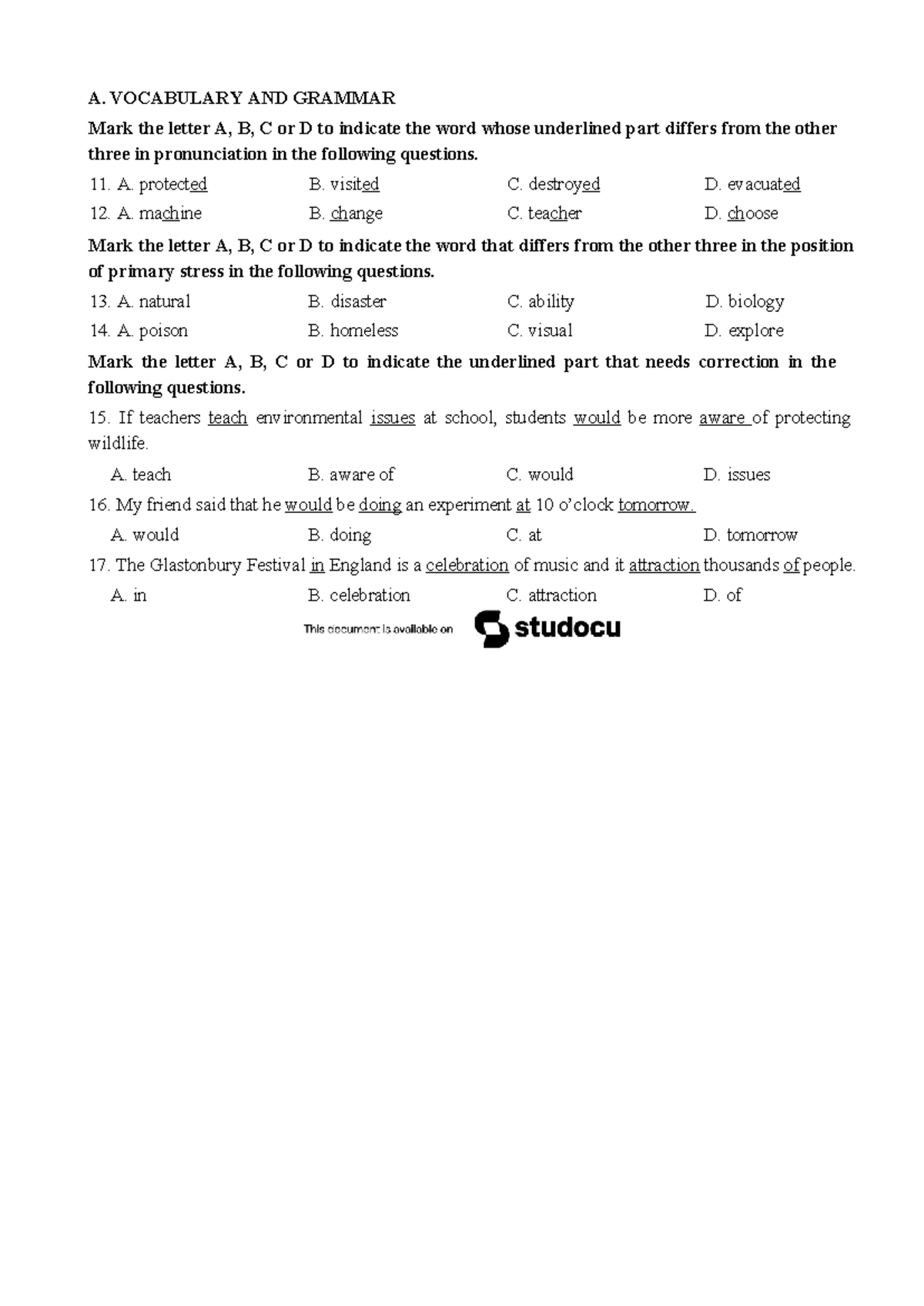 English for Class 7: Vocabulary and Grammar Exercises - Studocu