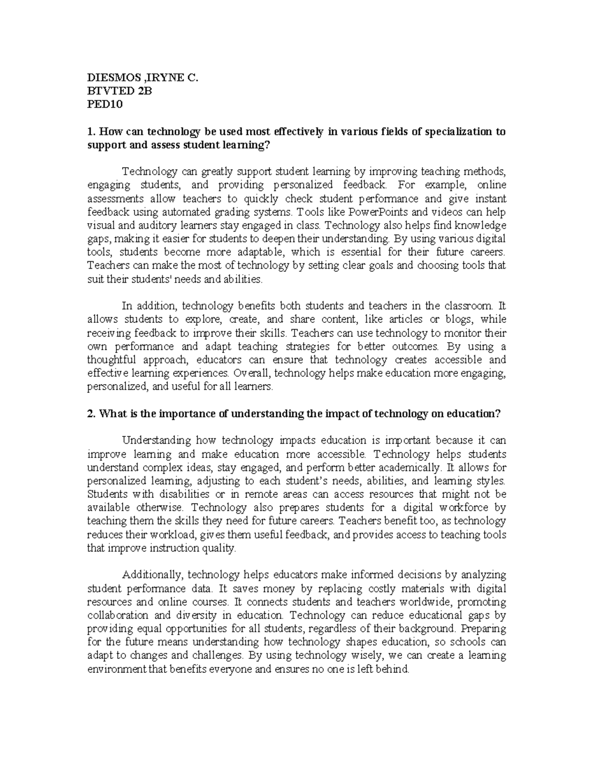 PED10 - PE3 - DIESMOS ,IRYNE C. BTVTED 2B PED How can technology be ...