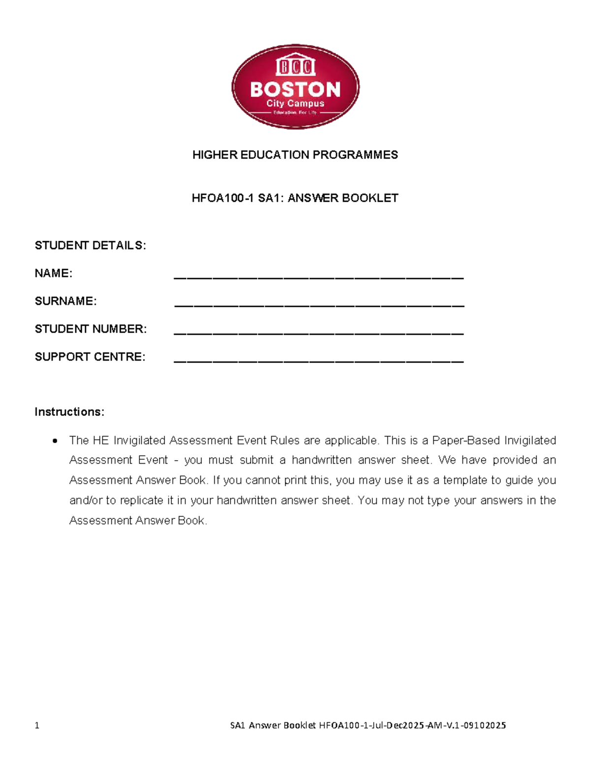 HFOA100: SA1 Answer Booklet for Higher Education Programmes - Studocu