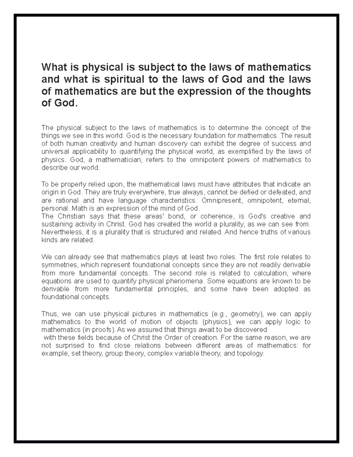 Essay MMW: The Interplay of Physical Laws, Mathematics, and God - Studocu