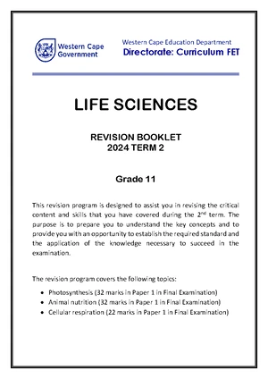 Life Sciences Grade 11 Term 2 2024 Revision Memo with Q&A - Studocu