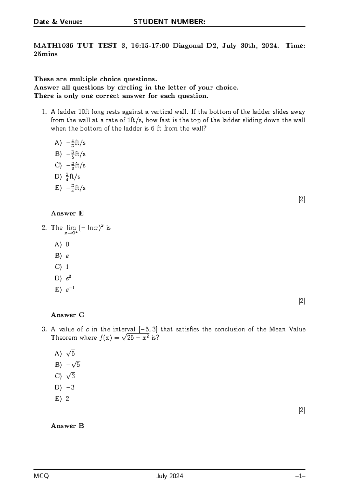MATH1036 TUT Test 3 Notes - Semester 2 (July 30th, 2024) - Studocu