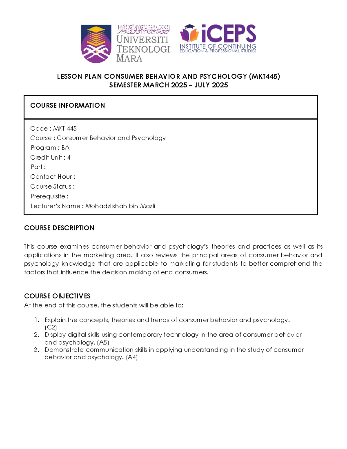 Lesson Plan for Consumer Behavior & Psychology (MKT445) Sem Mar-Aug ...