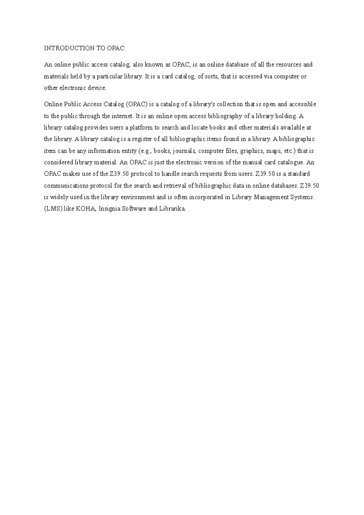 Introduction TO OPAC - INTRODUCTION TO OPAC: An online public access ...