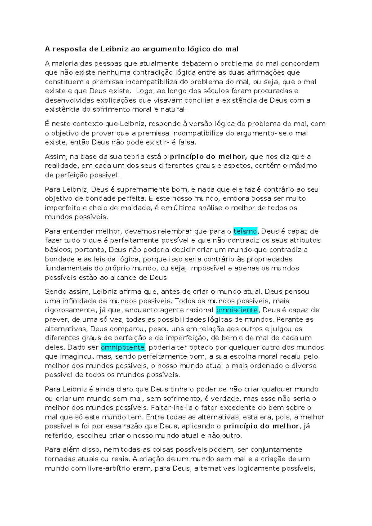 Filosofia - Análise da Resposta de Leibniz ao Problema do Mal - Studocu