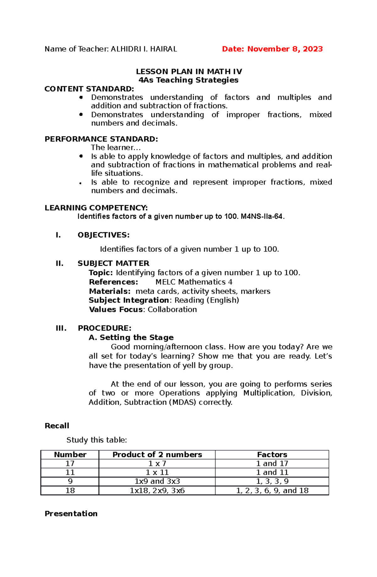 Q2 - W1D3 - Grade 4 Math Lesson Plan on Factors & Multiples - Studocu