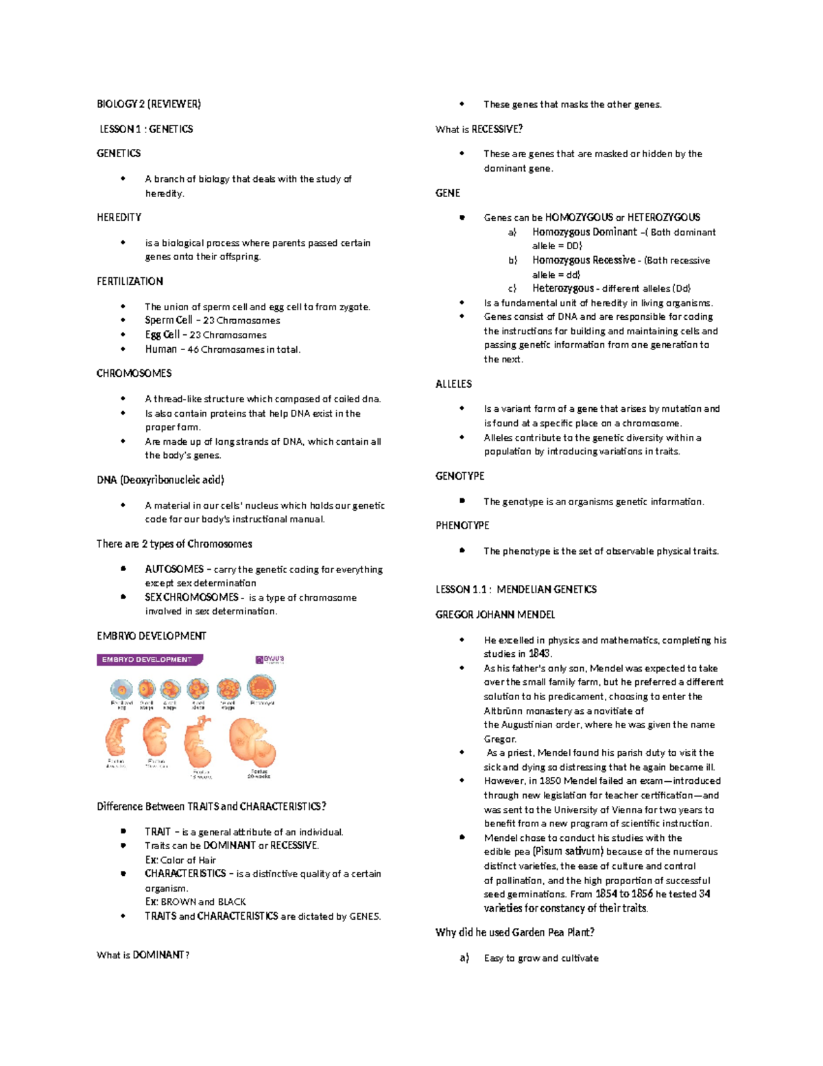 BIOLOGY 2 (REVIEWER) LESSON 1: GENETICS AND MENDELIAN INHERITANCE - Studocu