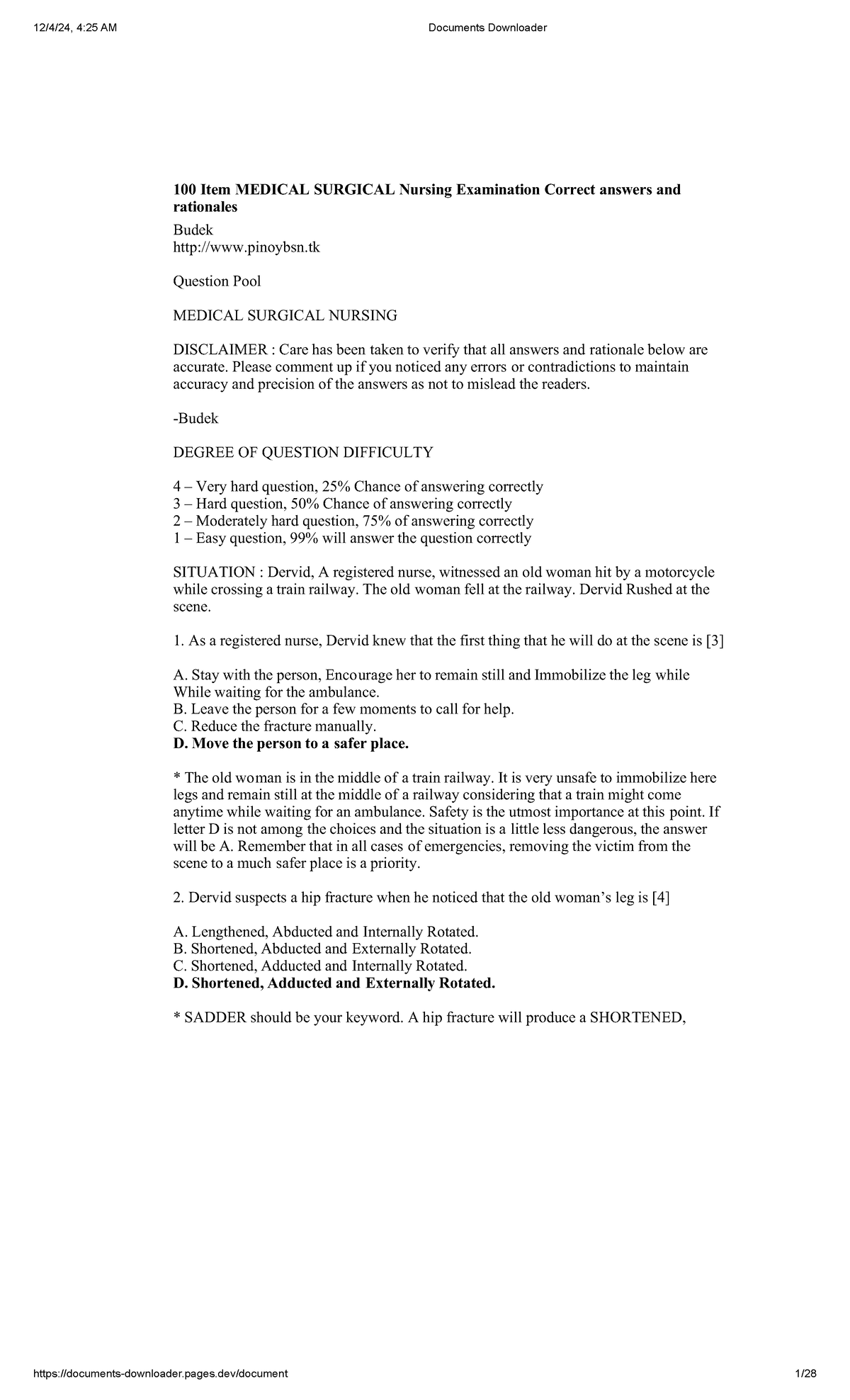 Comprehensive MEDICAL SURGICAL Nursing Final Exam Q&A (100 Items) - Studocu