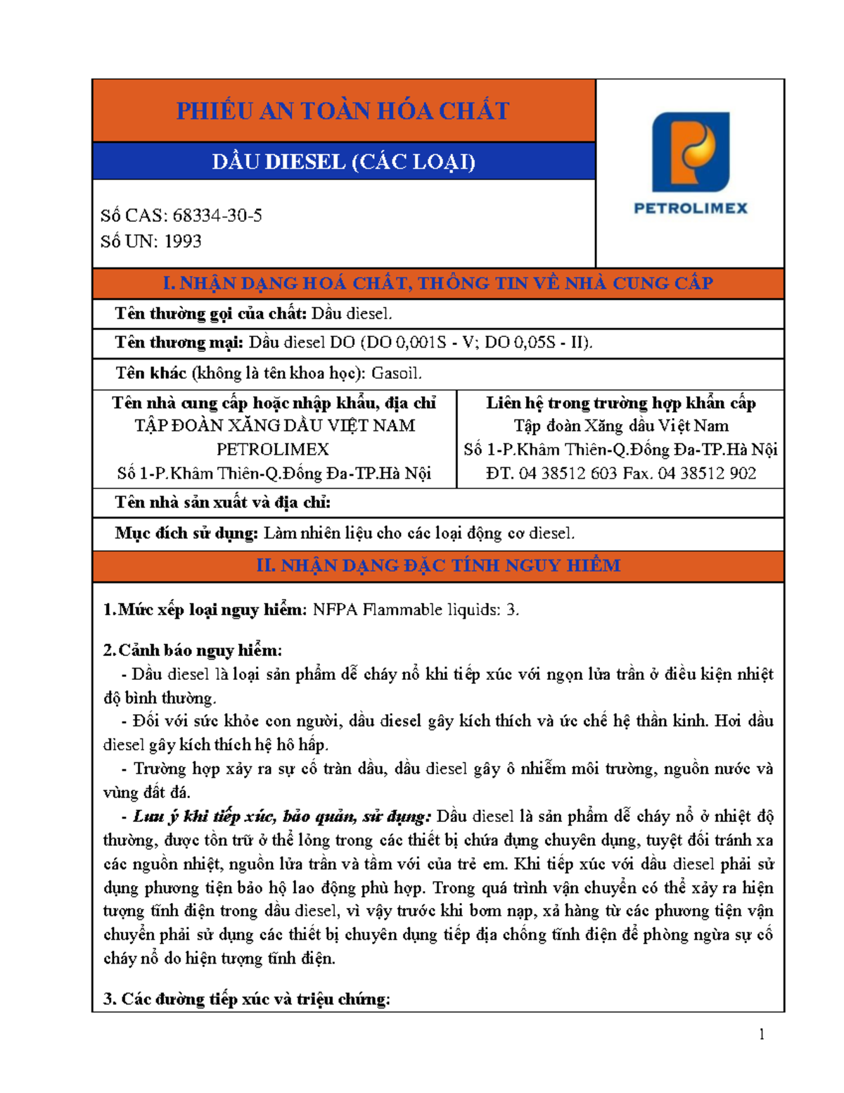 MSDS Dầu Diesel DO (CAS: 1993) - An Toàn Hóa Chất - Studocu