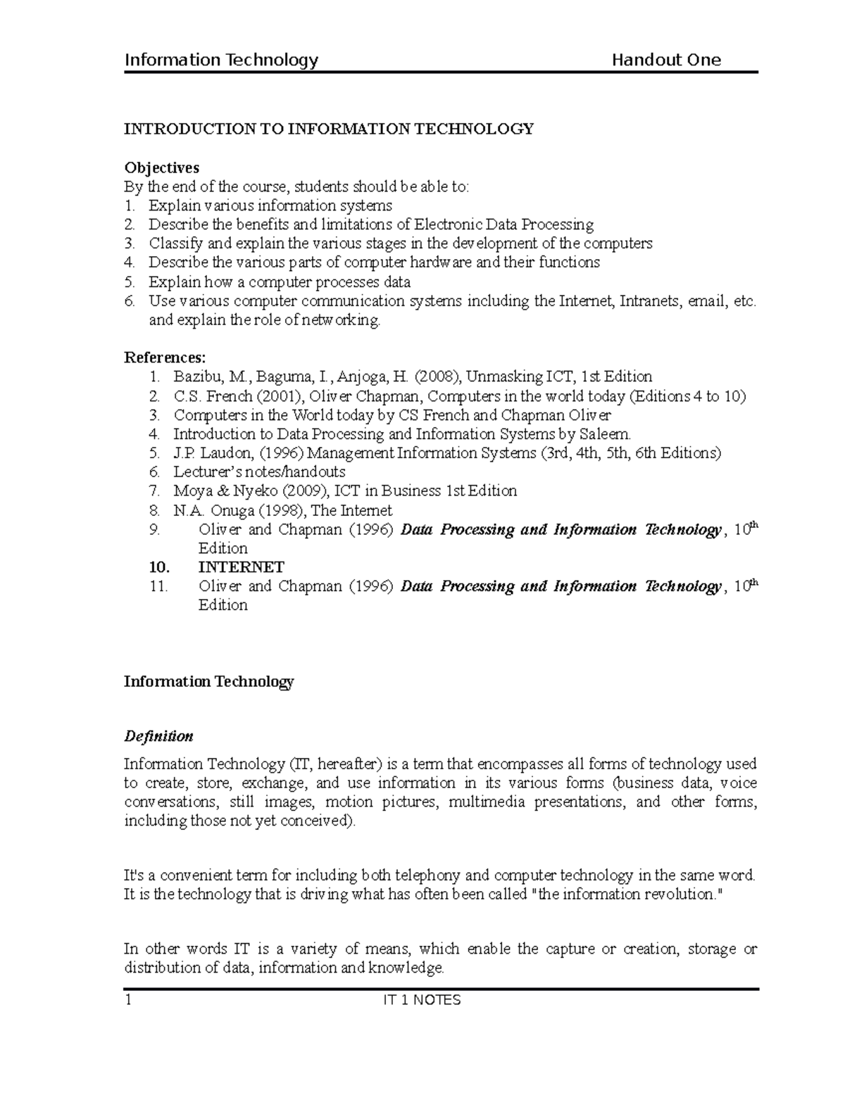 ICT 101 - Introduction to Information Technology Lecture Notes - Studocu