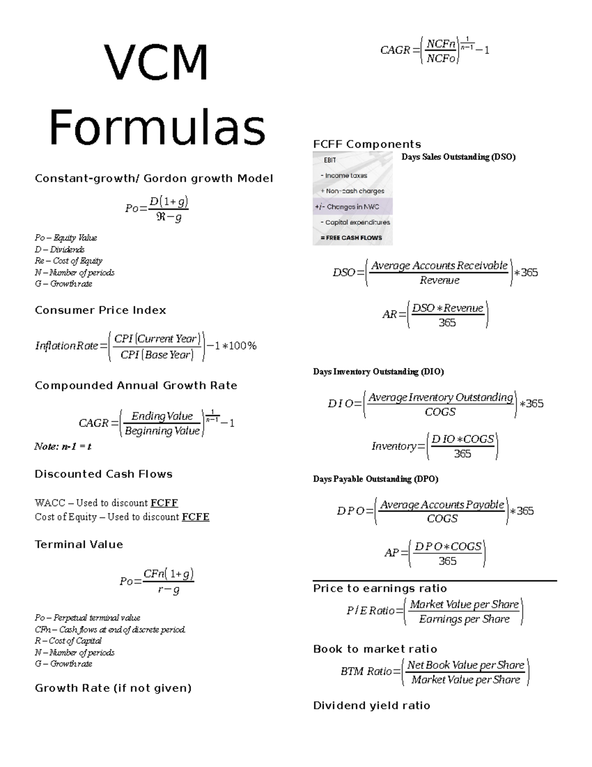 VCM Formulas for Financial Models and Analysis - Studocu