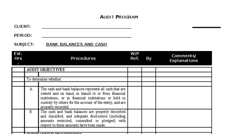 Audit Program: Bank Balances & Cash Procedures (AUDIT 101) - Studocu
