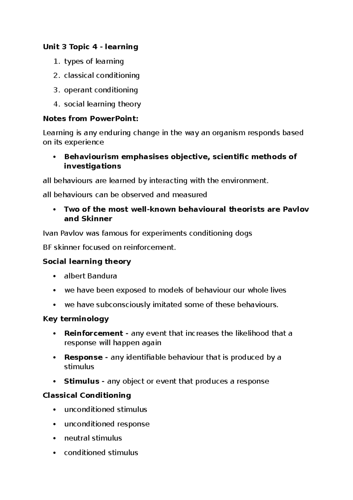 Types of learning - Study notes - Unit 3 Topic 4 - learning 1. types of ...