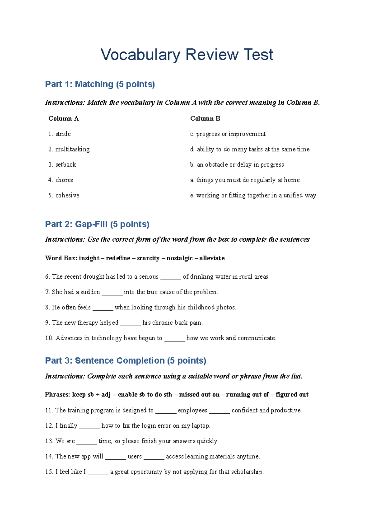 Vocabulary Review Test: Matching & Sentence Completion (Part 1 & 2 ...
