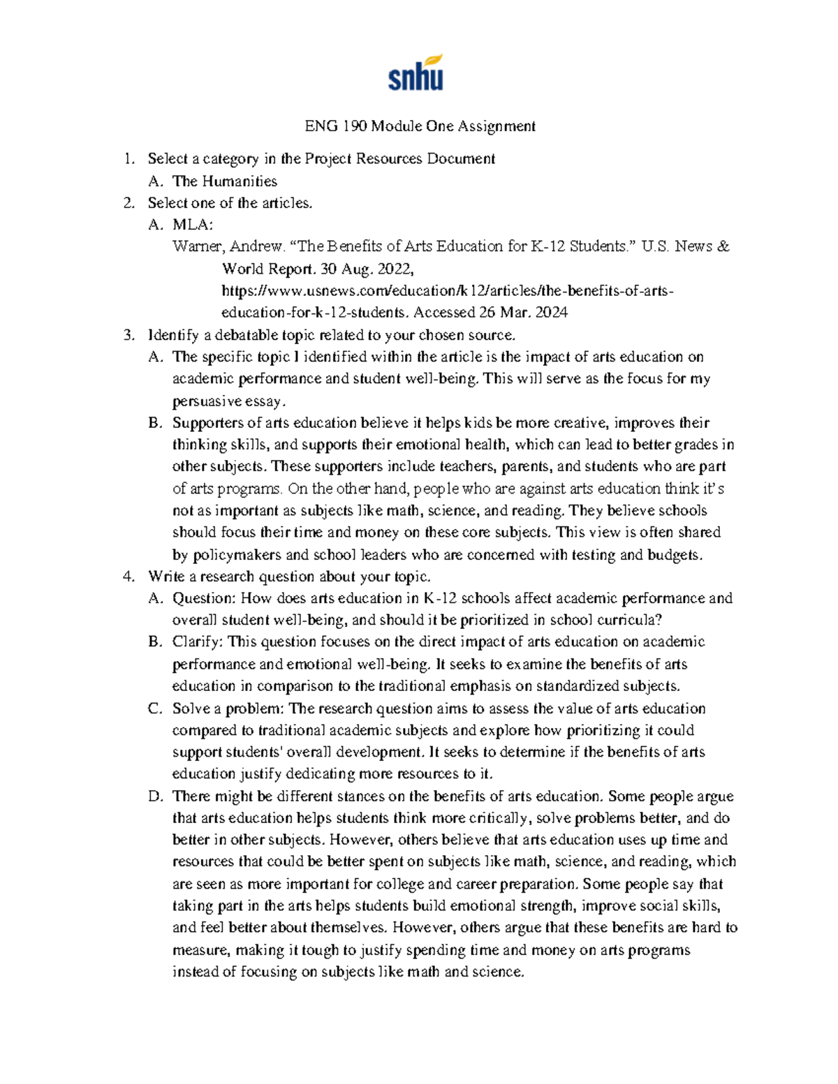 ENG 190 Module One Assignment: Arts Education's Impact on Students - Studocu